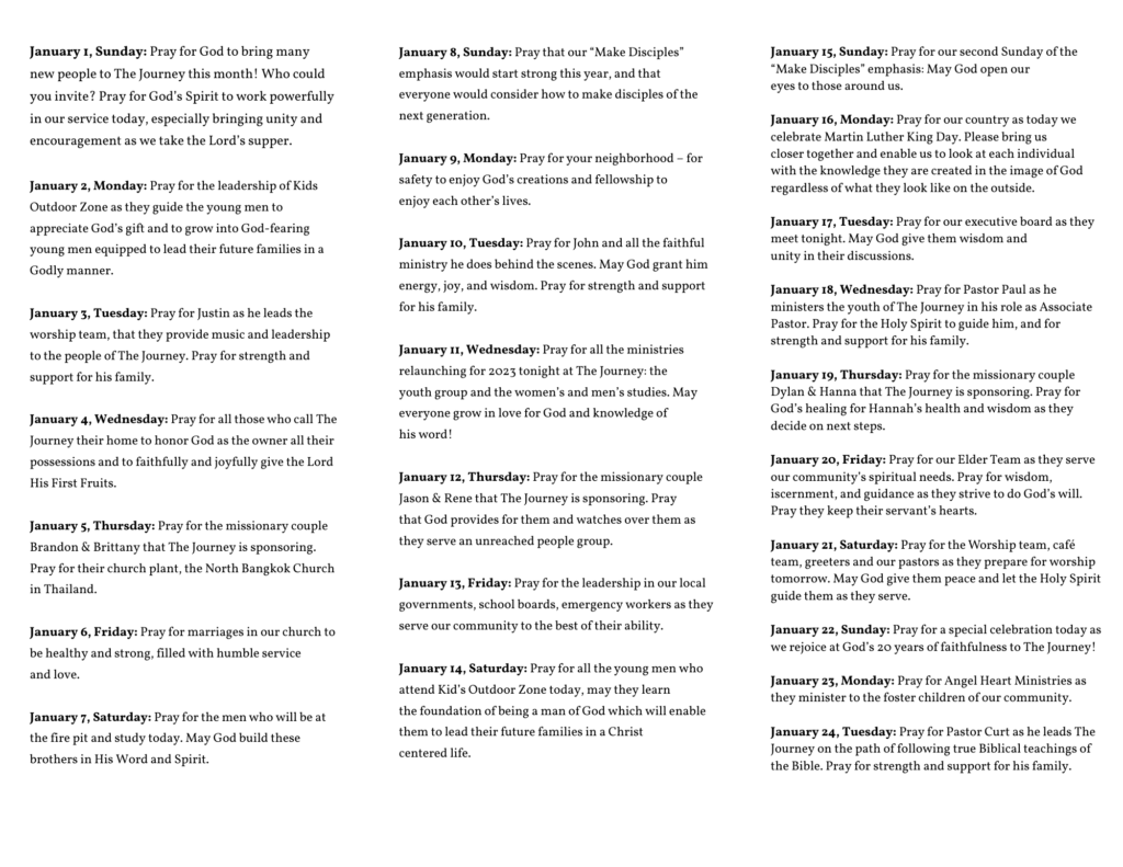 Monthly Prayer Guide - Journey Bible Fellowship