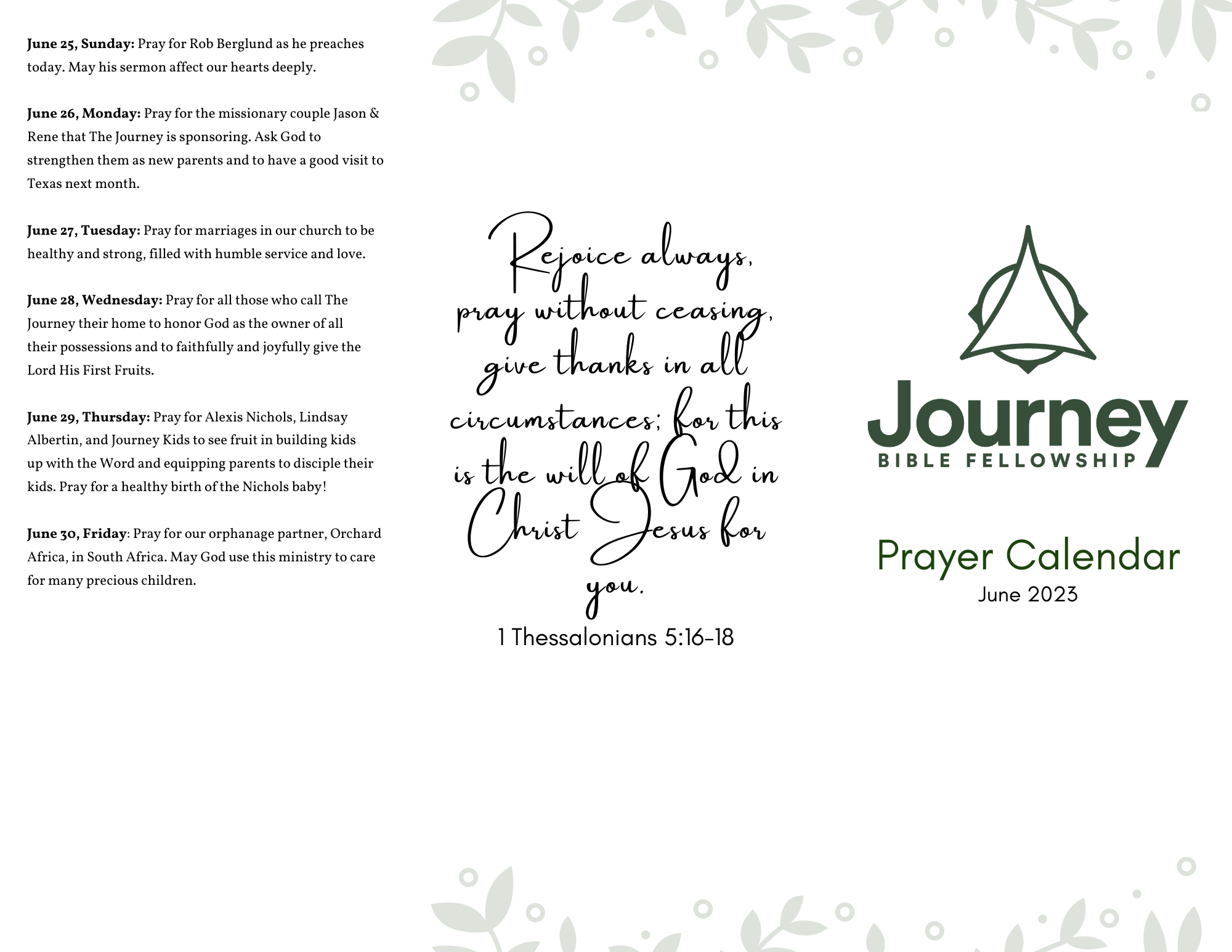 Monthly Prayer Guide - Journey Bible Fellowship - Leander, Texas