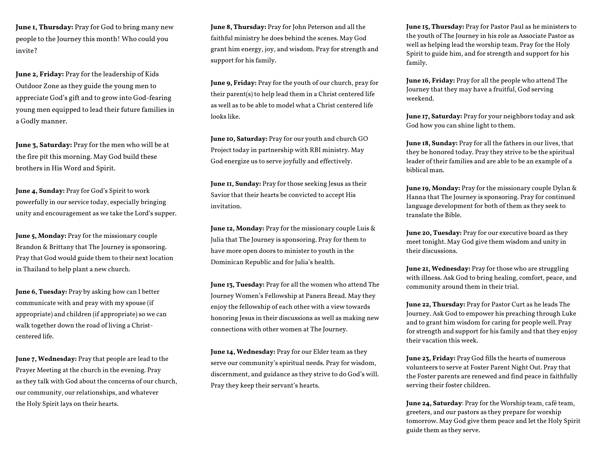 Monthly Prayer Guide - Journey Bible Fellowship - Leander, Texas